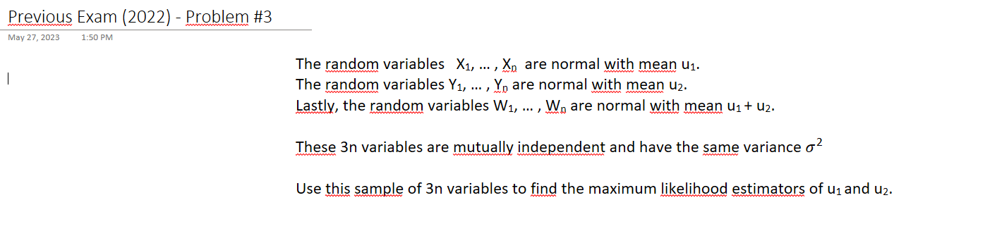 Solved The random variables X1,…,Xn are normal with mean u1. | Chegg.com