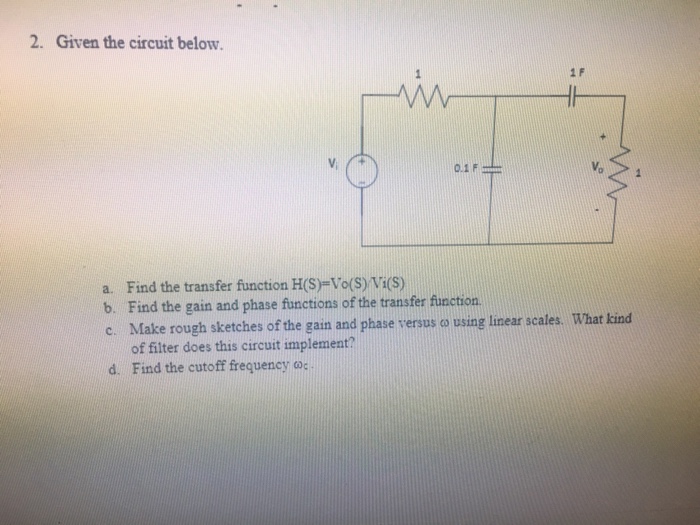 Solved Given the circuit below. Find the transfer function | Chegg.com