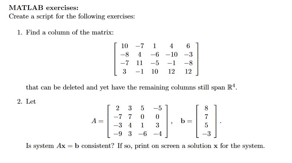 MATLAB exercises: Create a script for the following | Chegg.com