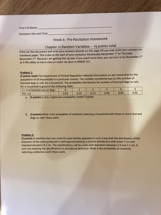 Solved Print Full Name: Recitation Day and Time: Week | Chegg.com