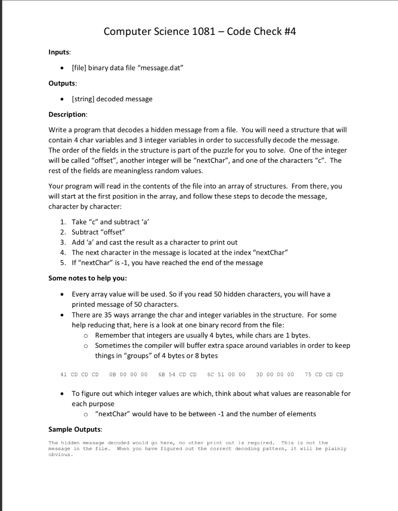 Computer Science 1081 - Code Check #4 Inputs: • | Chegg.com