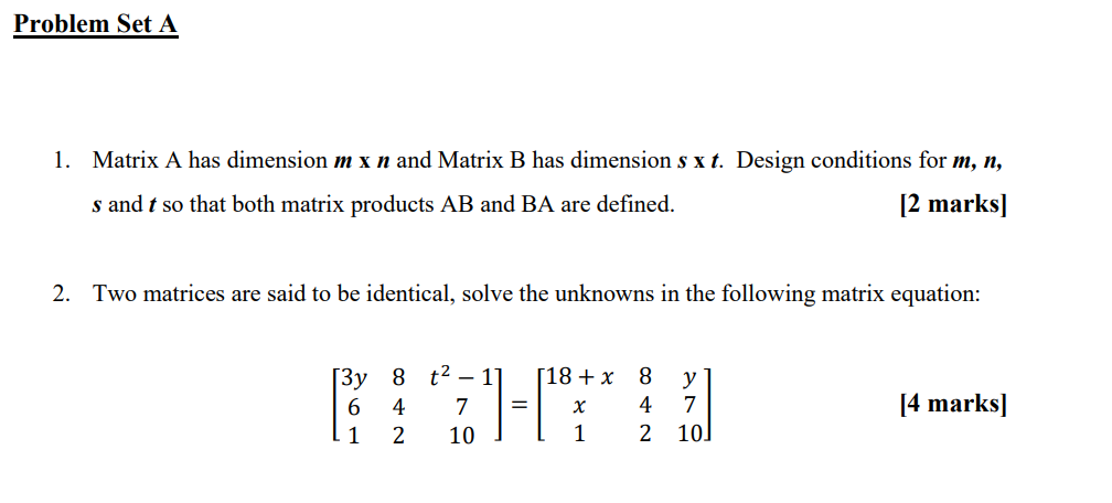 1. Matrix A has dimension mxn and Matrix B has | Chegg.com