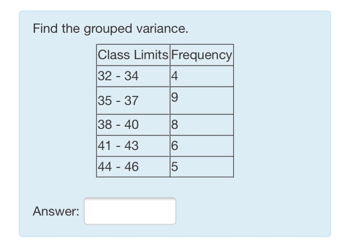 Solved Find the grouped variance. Class Limits Frequency | Chegg.com