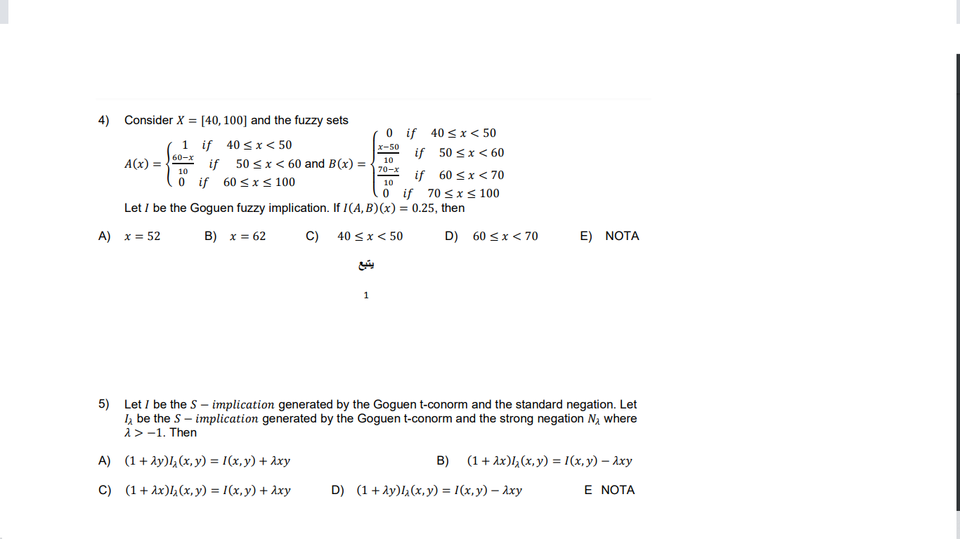 Solved Consider x=[40,100] ﻿and the fuzzy setsLet I be the | Chegg.com