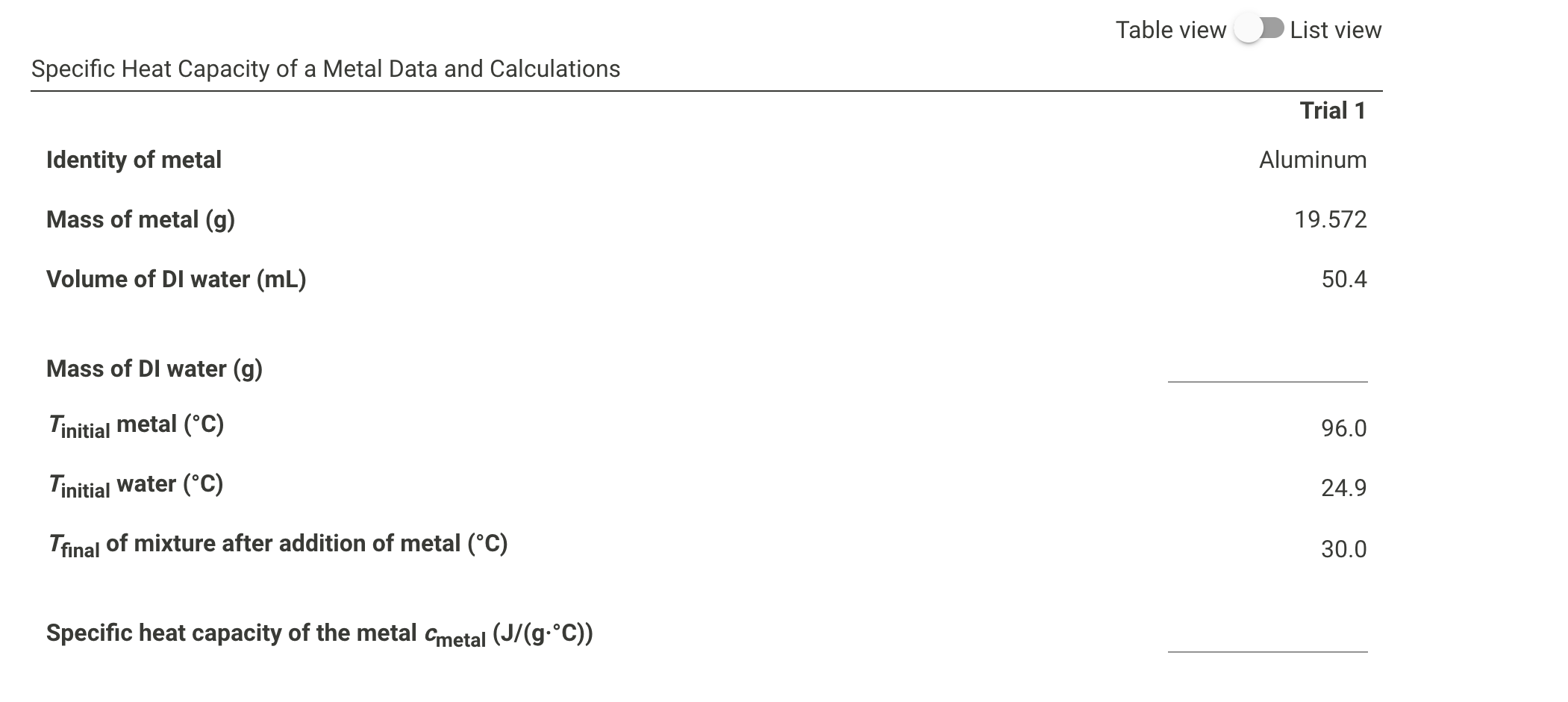 Solved Table view List view Specific Heat Capacity of a | Chegg.com