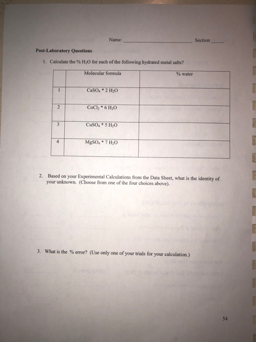 Instructor Signature: Data Sheet Unknown Hydrated | Chegg.com
