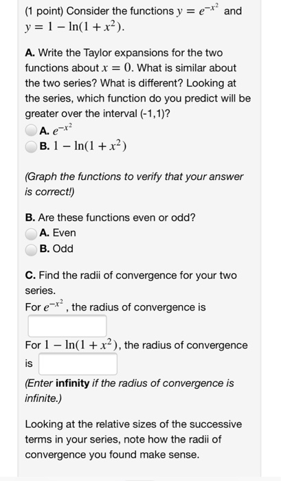 Solved 1 point) Consider the functions y=e−x2y=e−x2 and | Chegg.com