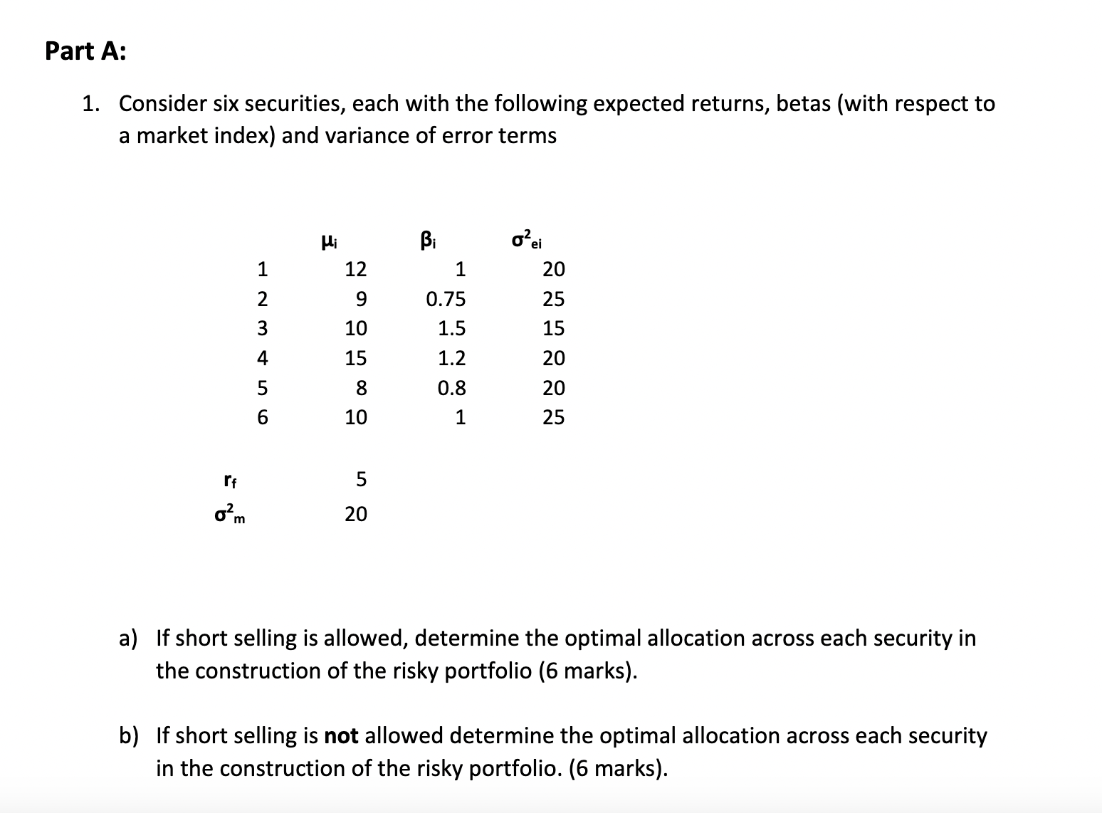 Solved Part A:1. ﻿Consider six securities, ﻿each with the | Chegg.com