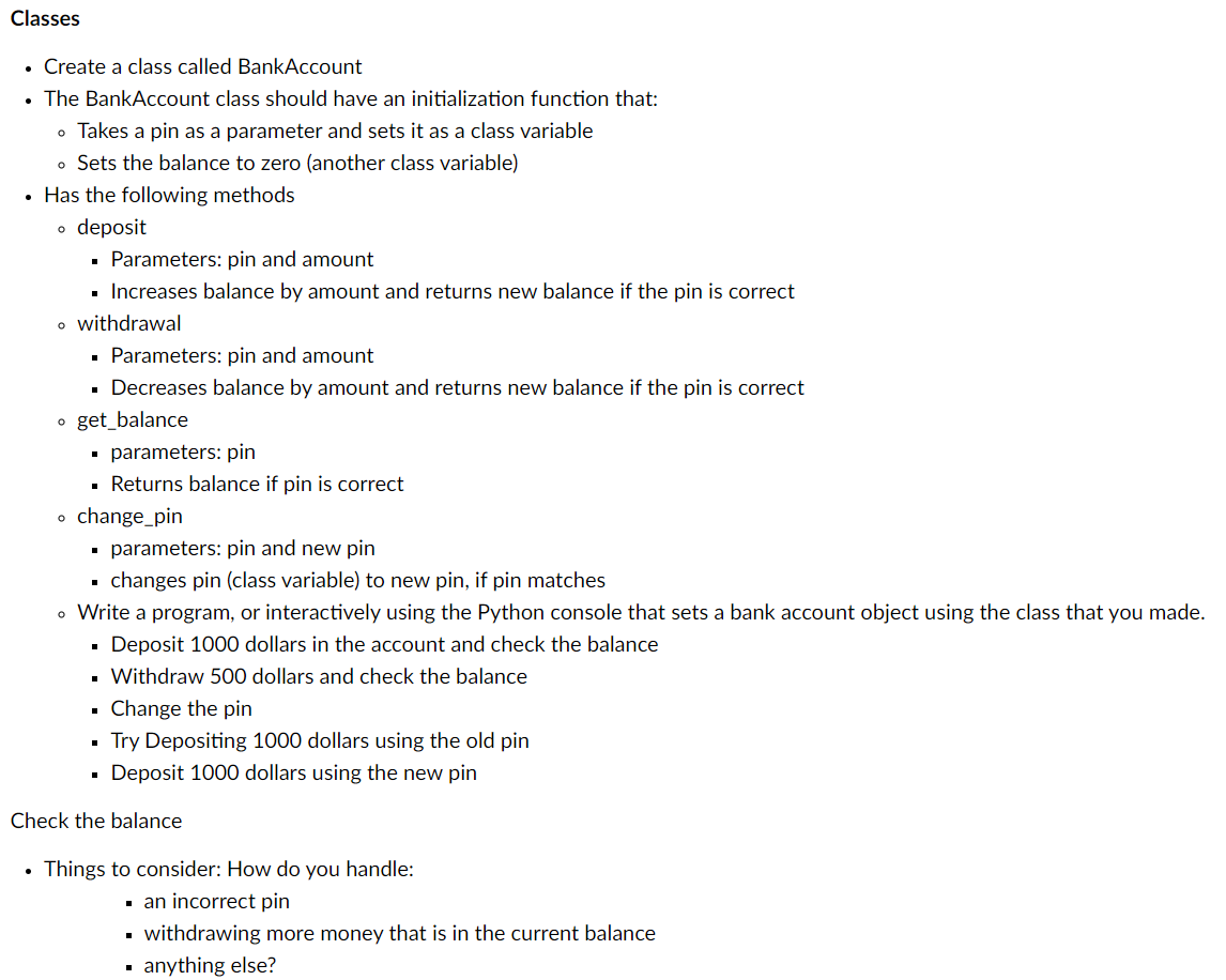 Solved Classes • Create a class called BankAccount • The | Chegg.com