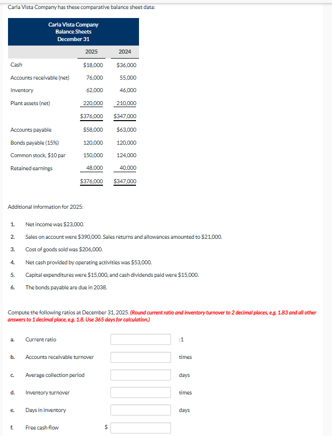 Solved Carla Vista Company has these comparative balance | Chegg.com