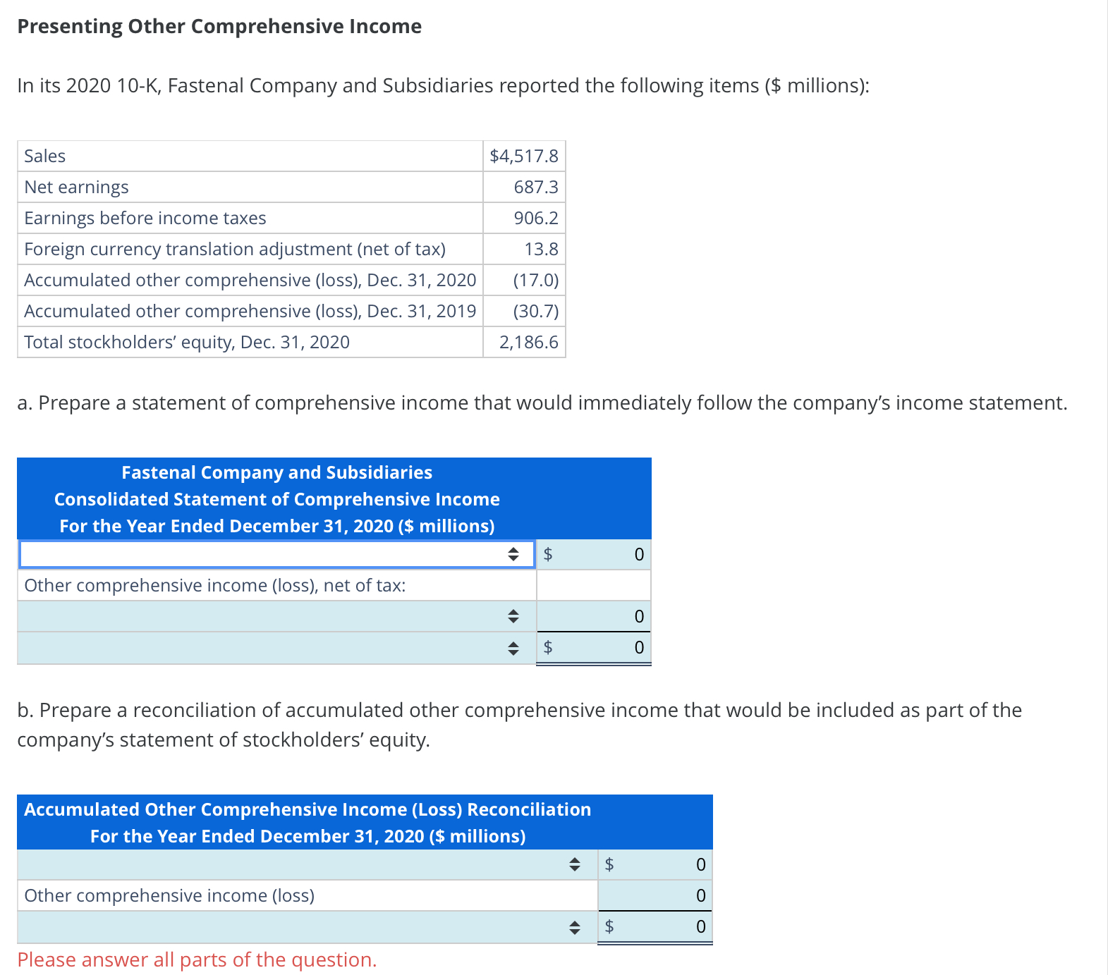 Solved Presenting Other Comprehensive Income In its 2020 | Chegg.com
