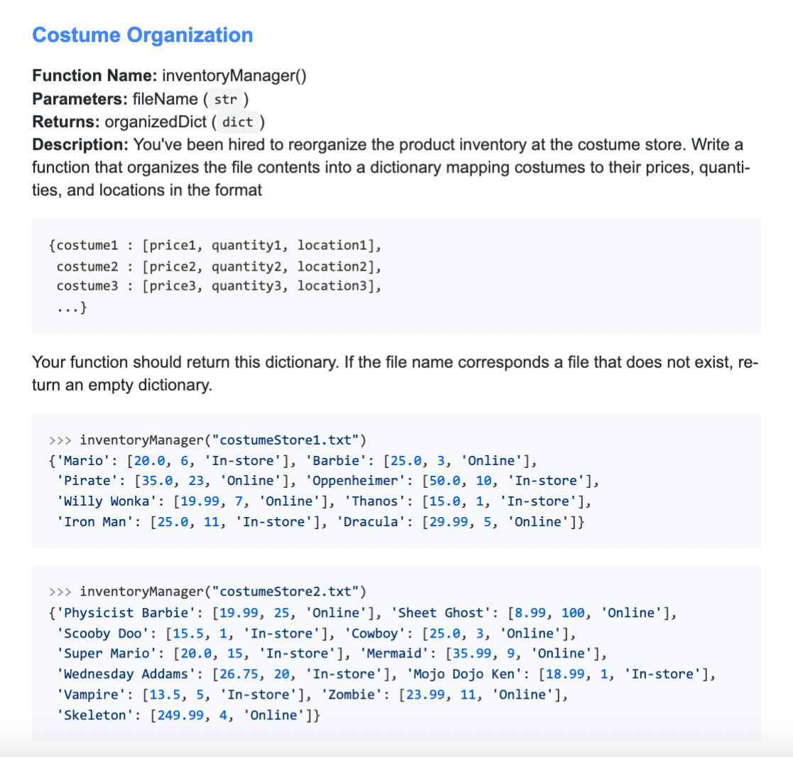 Solved Costume Organization Function Name: | Chegg.com