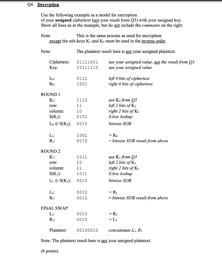 Q4. Decryption Use the following example as a model | Chegg.com