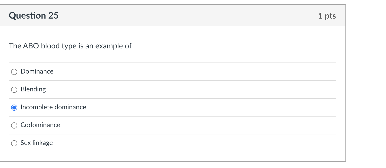 Solved Question 25 1 pts The ABO blood type is an example of | Chegg.com