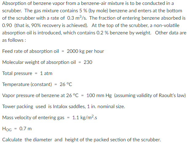 Solved Absorption of benzene vapor from a benzene-air | Chegg.com