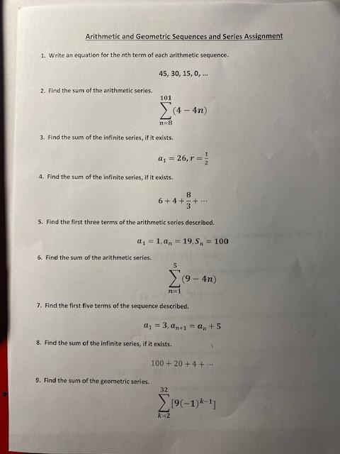 Solved Arithmetic and Geometric Sequences and Series | Chegg.com