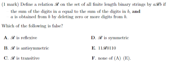 Solved (1 mark) Define a relation R on the set of all finite | Chegg.com