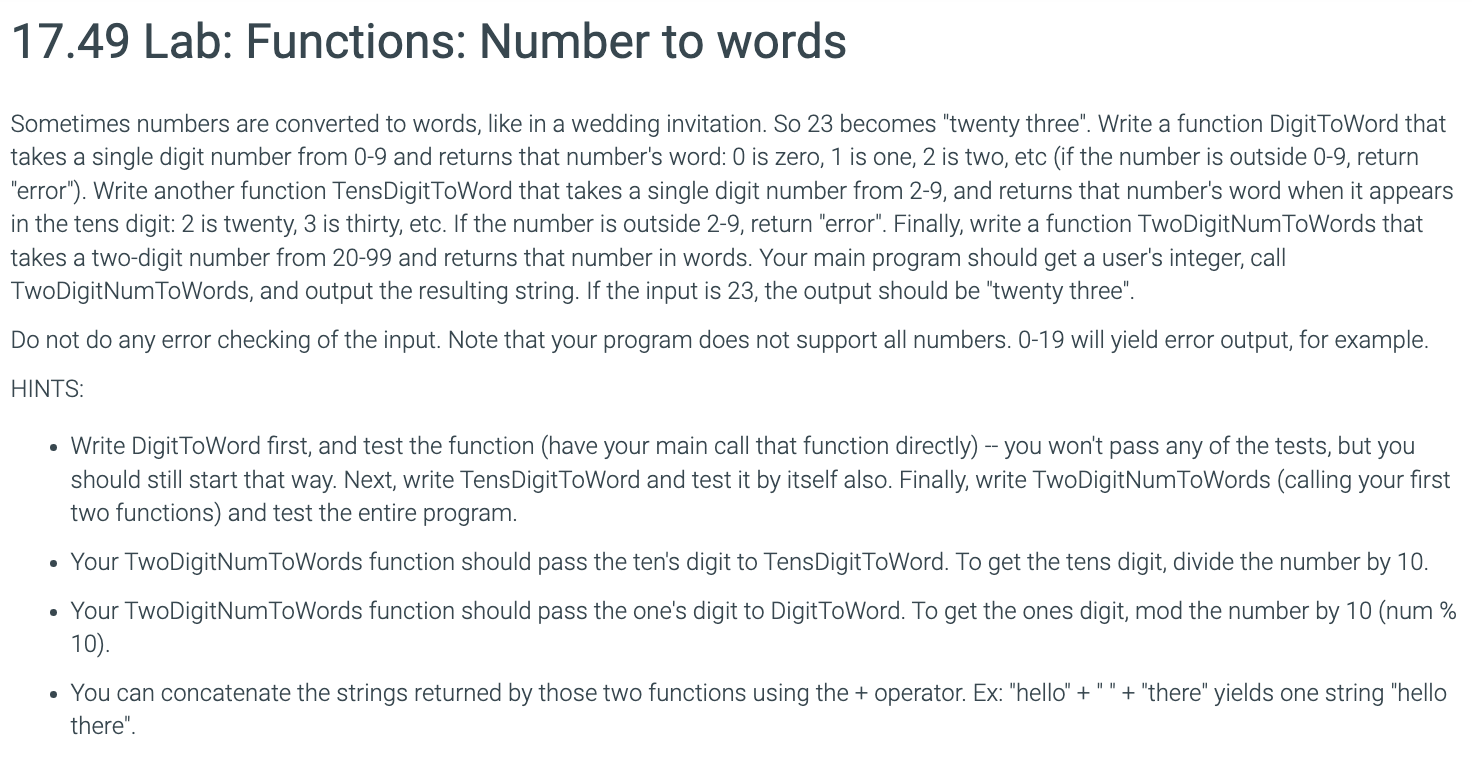 Solved 17.49 Lab: Functions: Number to words Sometimes | Chegg.com