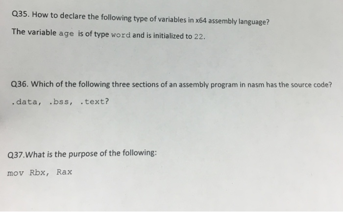 Solved How to declare the following type of variables in x64 | Chegg.com