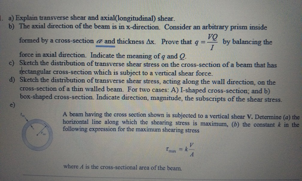 Solved . a) Explain transverse shear and axial(longitudinal) | Chegg.com