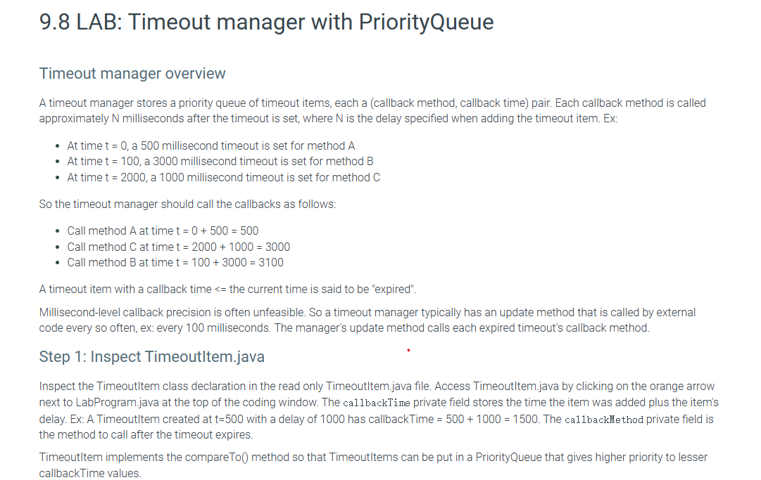 Solved 9.8 LAB: Timeout manager with PriorityQueue Timeout | Chegg.com