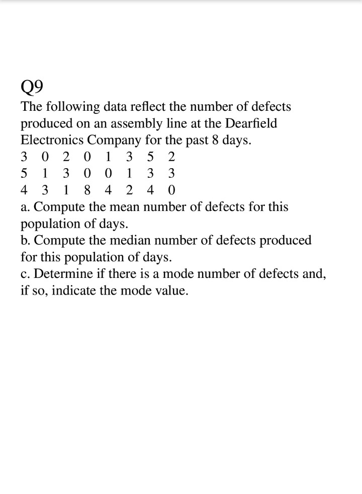 Solved Q9 The following data reflect the number of defects | Chegg.com