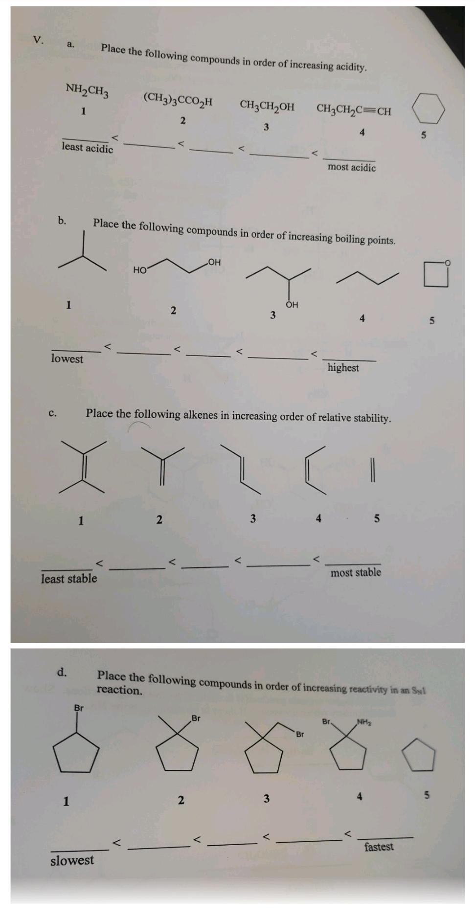 Solved V. a. Place the following compounds in order of | Chegg.com
