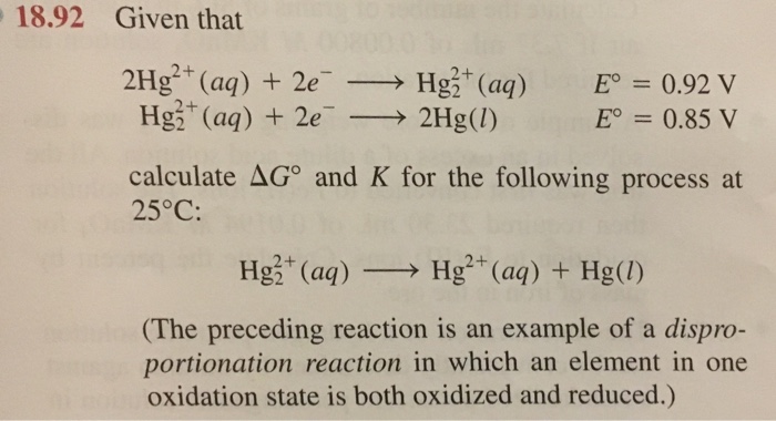Solved 18.92 Given that 2Hg2+ (aq) + 2e--> HET (aq) Hg2+ | Chegg.com