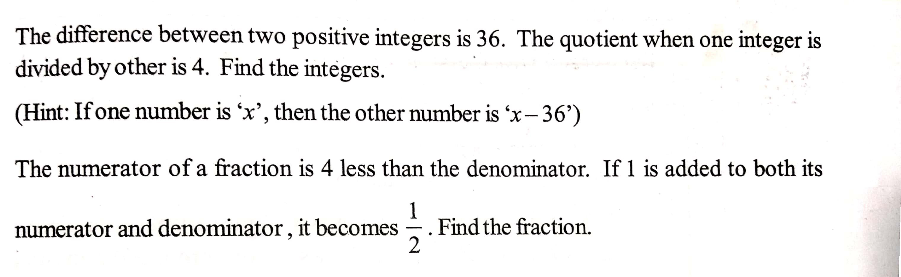 Solved The difference between two positive integers is 36. | Chegg.com