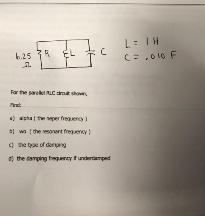 Solved For the parallel RLC circuit shown, Find: a) alpha | Chegg.com