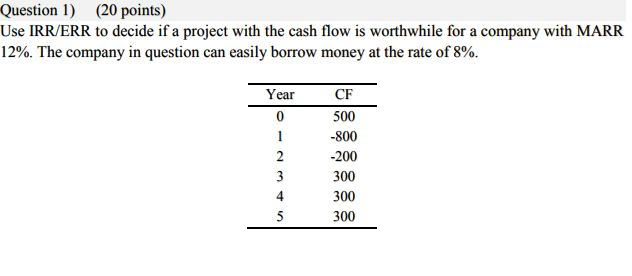 Solved Question 1) (20 points) Use IRR/ERR to decide if a | Chegg.com