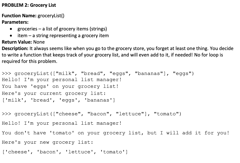 Solved PROBLEM 2: Grocery List Function Name: groceryList() | Chegg.com