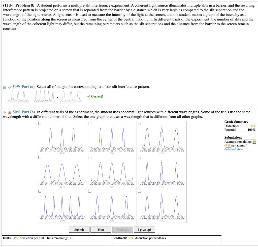 Solved (11\%) Problem 8: A student performs a multiple-slit | Chegg.com