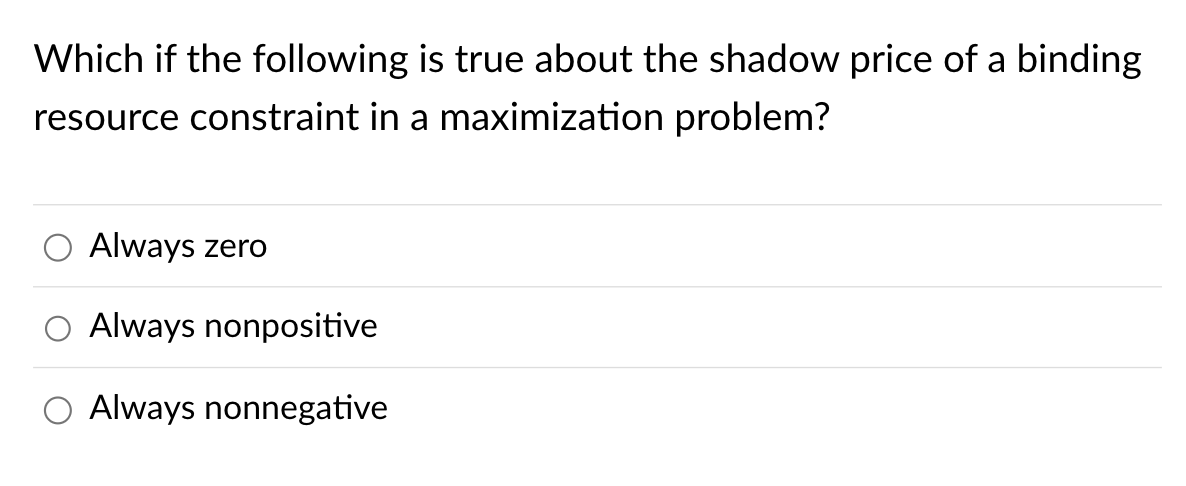 Solved Which if the following is true about the shadow price | Chegg.com