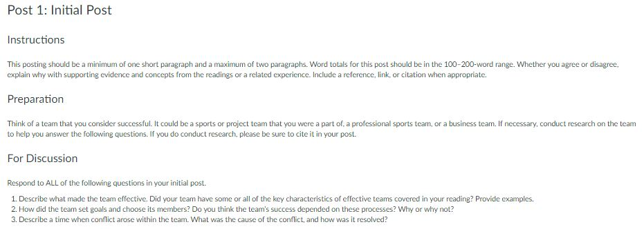 Solved Post 1: Initial Post Instructions This posting should | Chegg.com