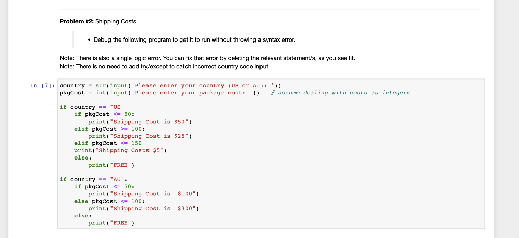 Solved Problem #2: Shipping Costs - Debug the following | Chegg.com