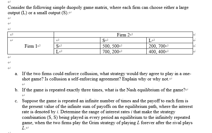 Solved Consider the following simple duopoly game matrix, | Chegg.com