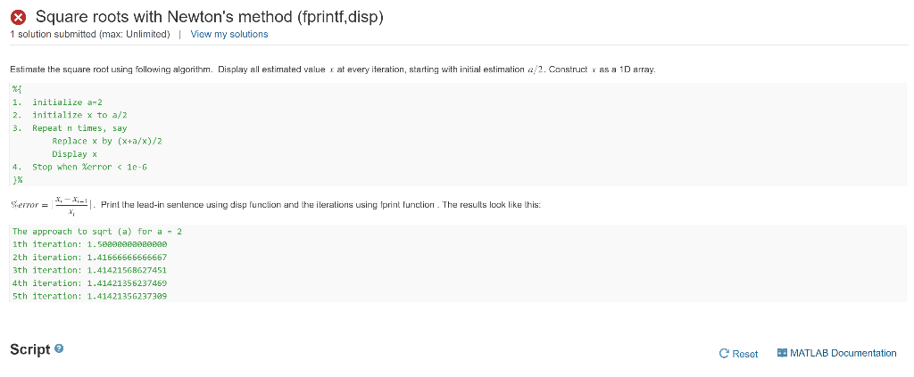 Solved Square Roots With Newtons Method Fprintf Disp 1
