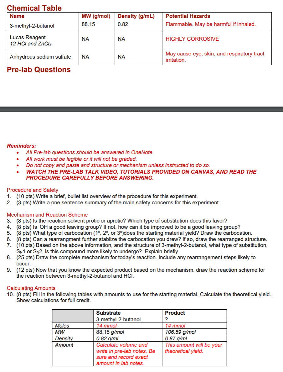 Chemical Table Name MW (g/mol) 88.15 Density (g/mL) | Chegg.com