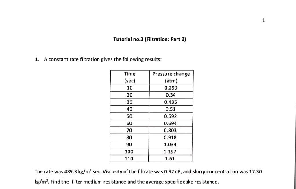 Tutorial no.3 (Filtration: Part 2) A constant rate | Chegg.com