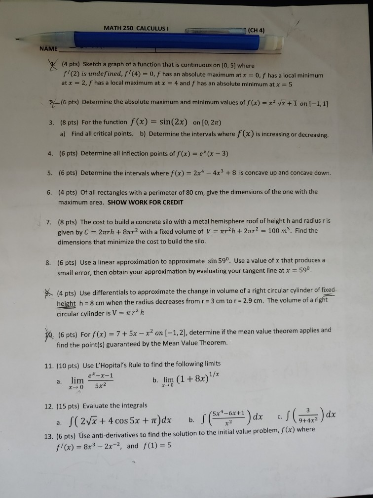 Solved MATH 250 CALCULUS I (CH 4) NAME (4 pts) Sketch a | Chegg.com