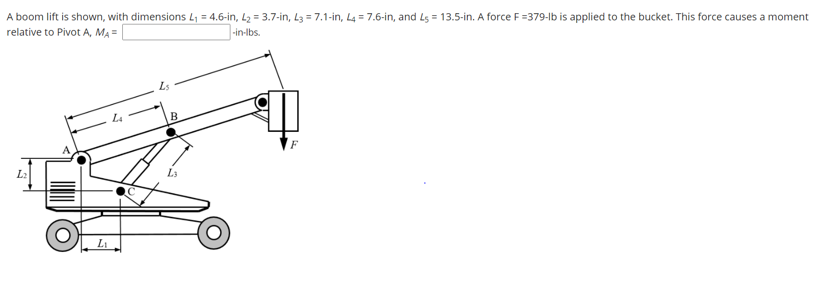 Solved A boom lift is shown, with dimensions L1 = 4.6-in, L2 | Chegg.com
