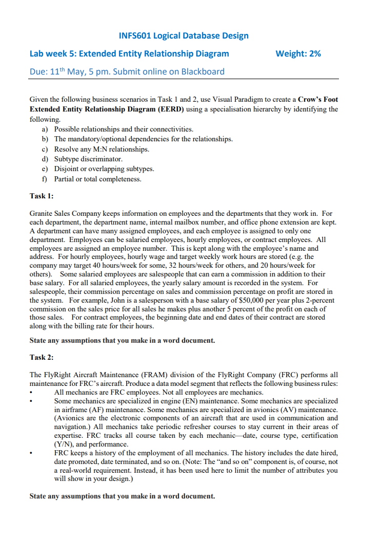 Solved INFS601 Logical Database Design Lab week 5: Extended | Chegg.com