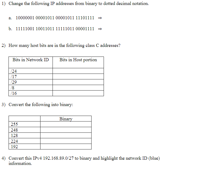Solved 1) Change the following IP addresses from binary to | Chegg.com