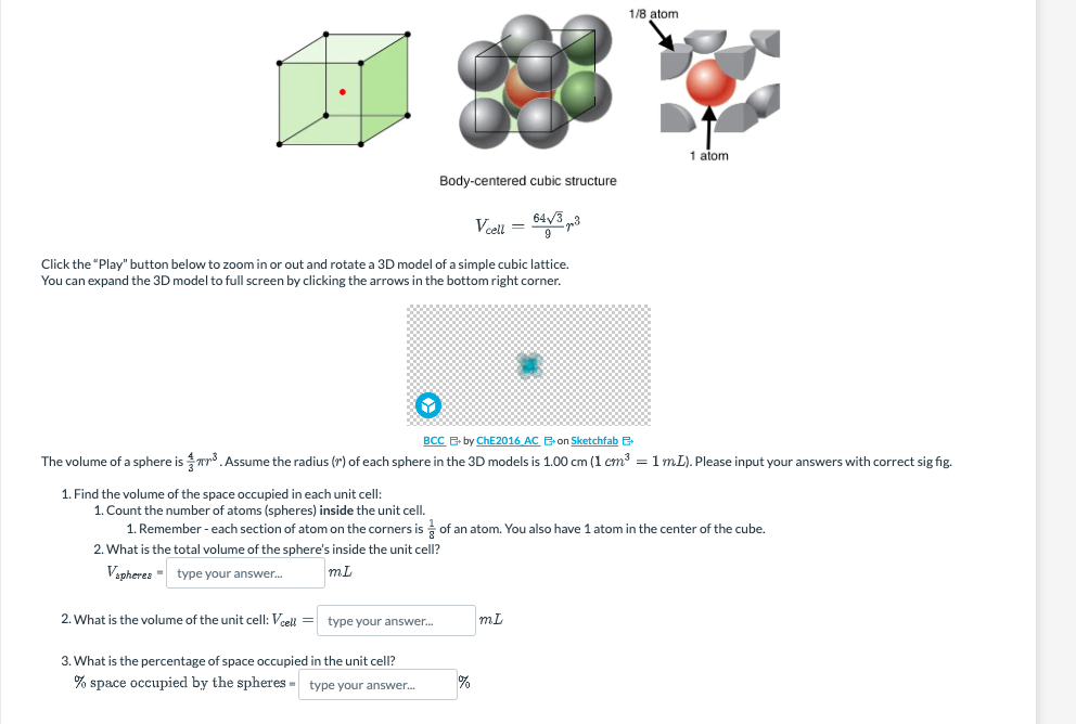Solved Simple cubic lattice cell Vcell =a3 Click the "Play" | Chegg.com