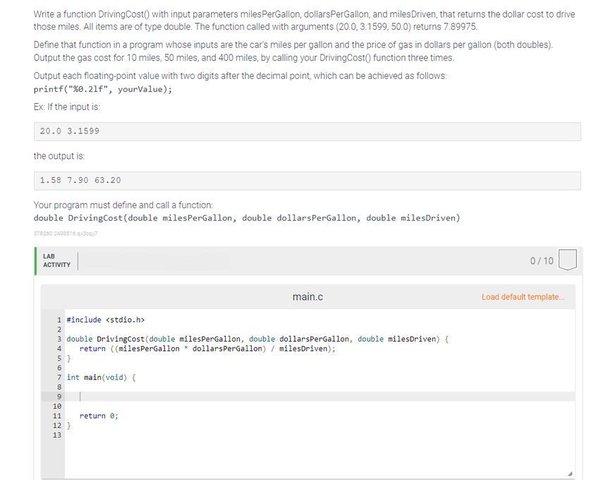Solved Write A Function Driving Cost With Input Parameters