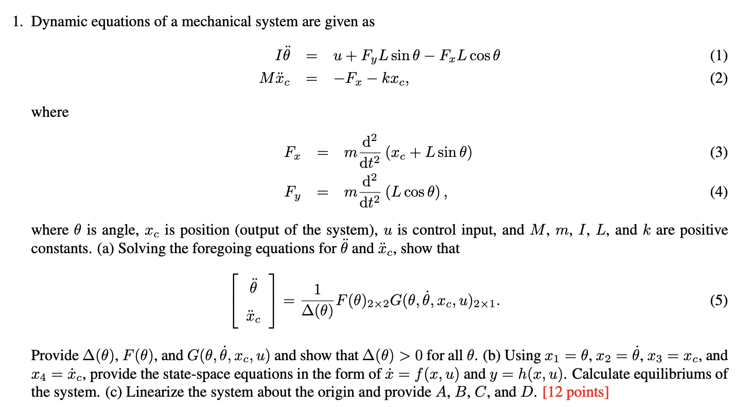 Solved ynamic equations of a mechanical system are given asI | Chegg.com