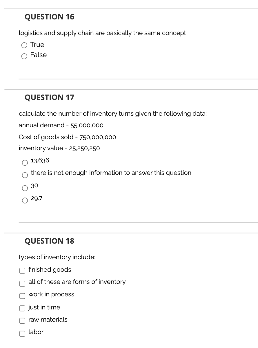Solved QUESTION 16 logistics and supply chain are basically | Chegg.com
