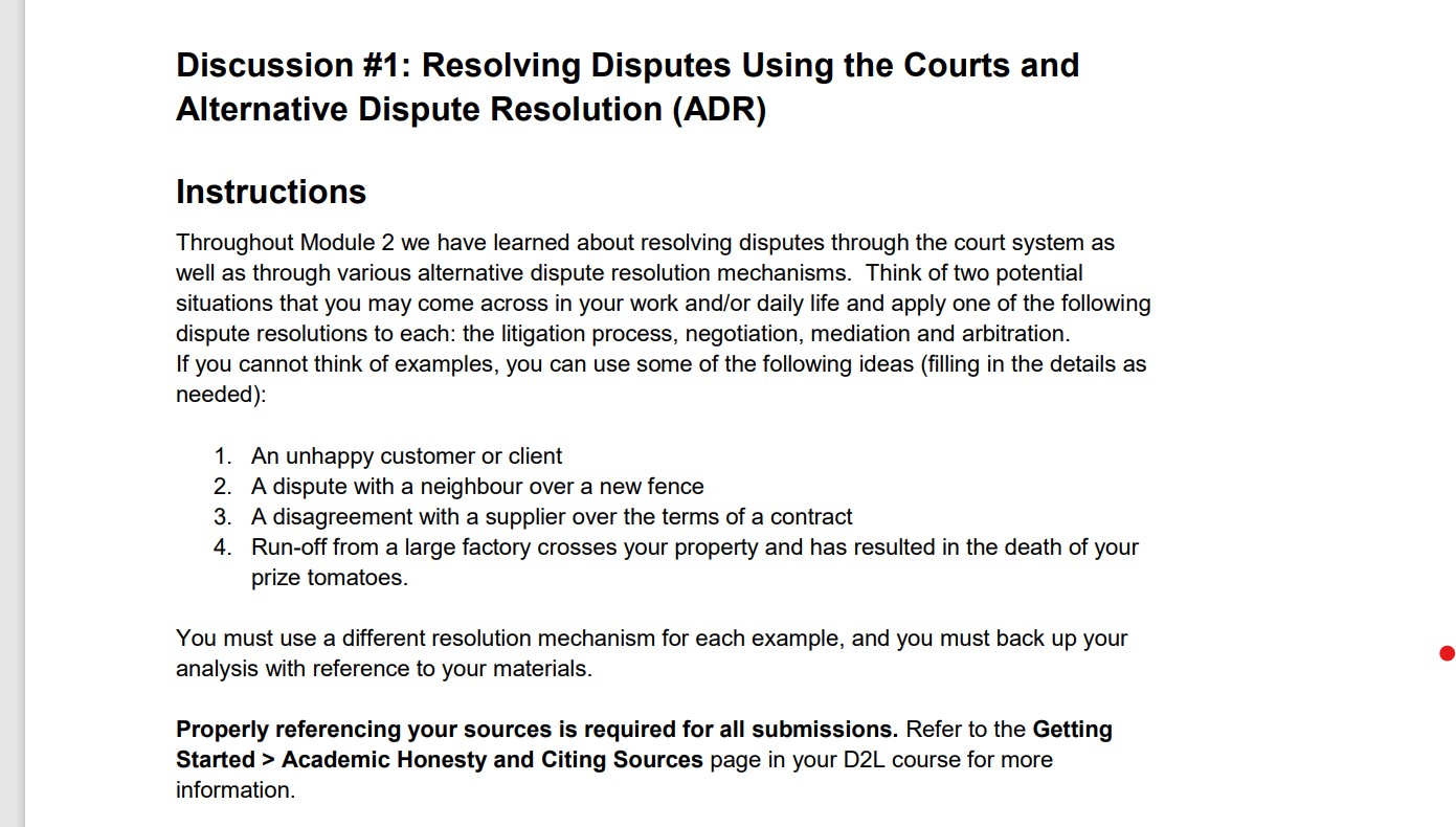 Discussion \#1: Resolving Disputes Using the Courts | Chegg.com