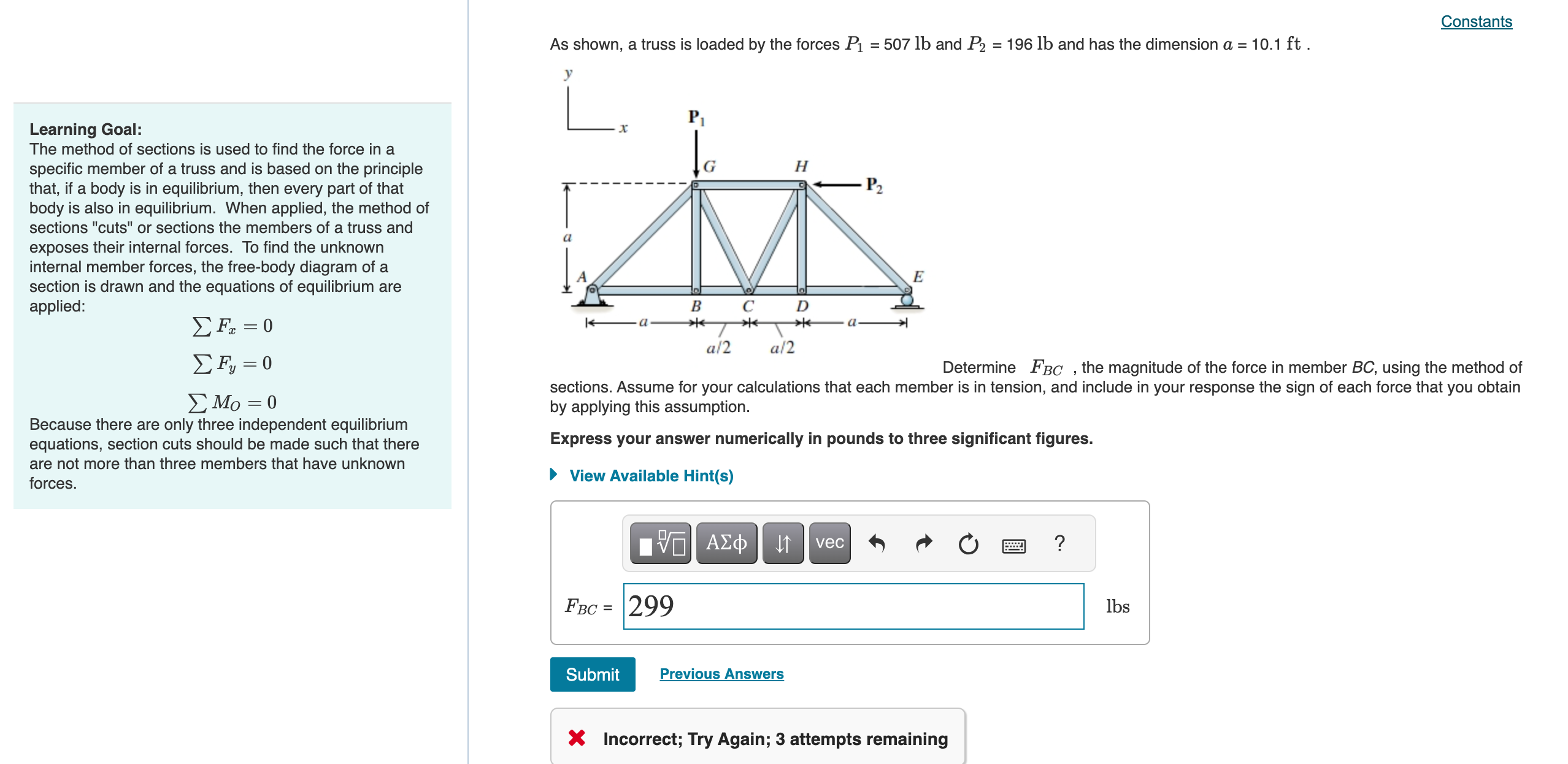 Solved As shown, a truss is loaded by the forces P1=507lb | Chegg.com
